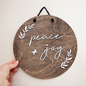 Front Door Sign, Peace & Joy, Holiday Round Wood Hanging, Door Decor ...