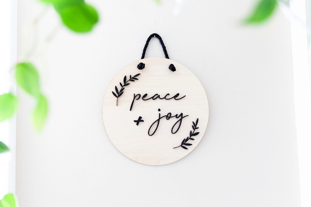 Front Door Sign, Peace & Joy, Holiday Round Wood Hanging, Door Decor ...