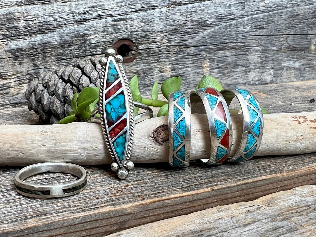 Vintage Navajo Turquoise Inlay Rings Native American Sterling Silver ...
