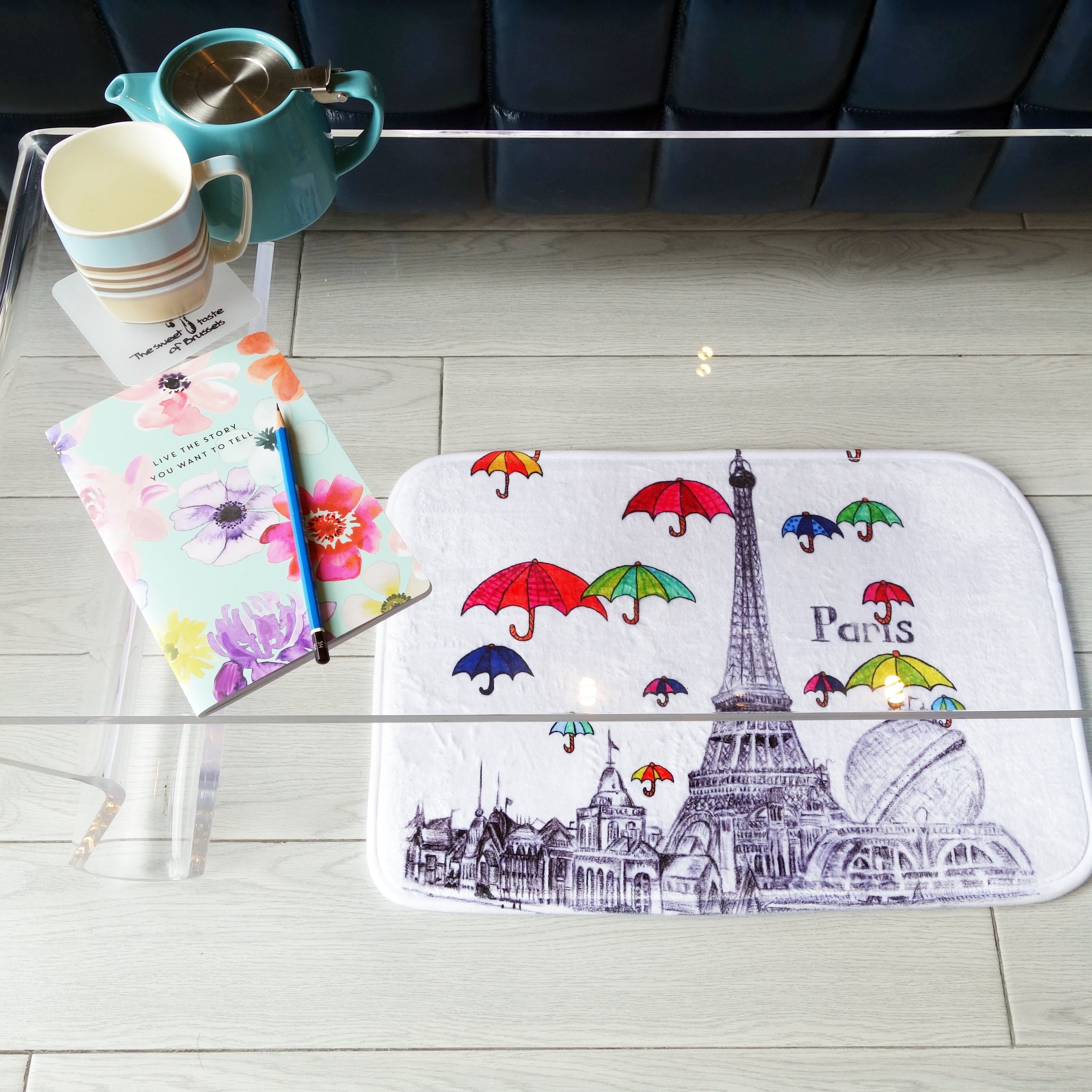 Personalized Travel With Umbrella Illustrated Bath Mat Fuzzy, Foamy and ...