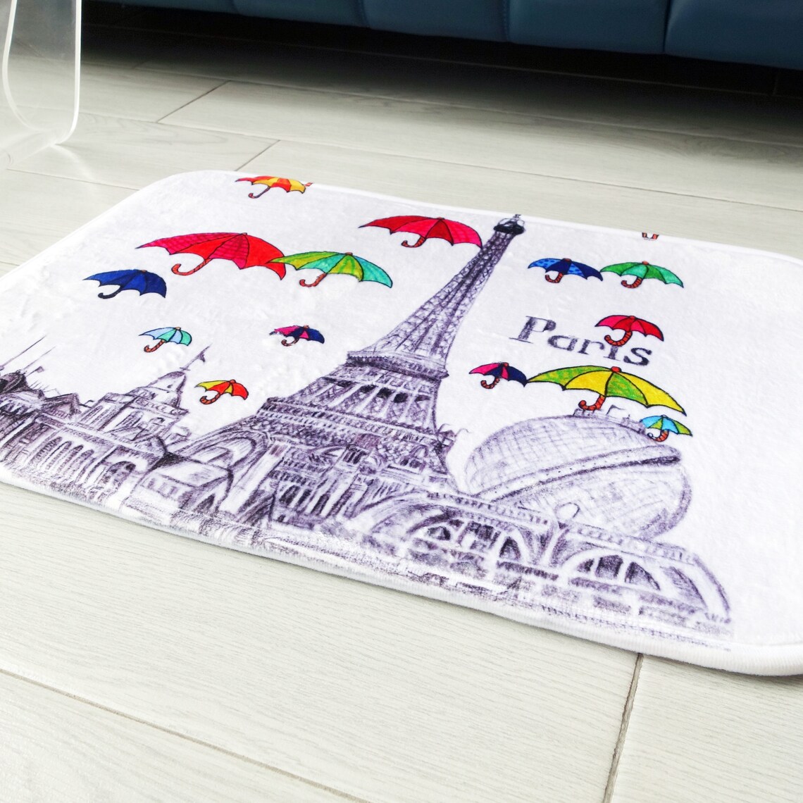 Personalized Travel With Umbrella Illustrated Bath Mat Fuzzy, Foamy and ...
