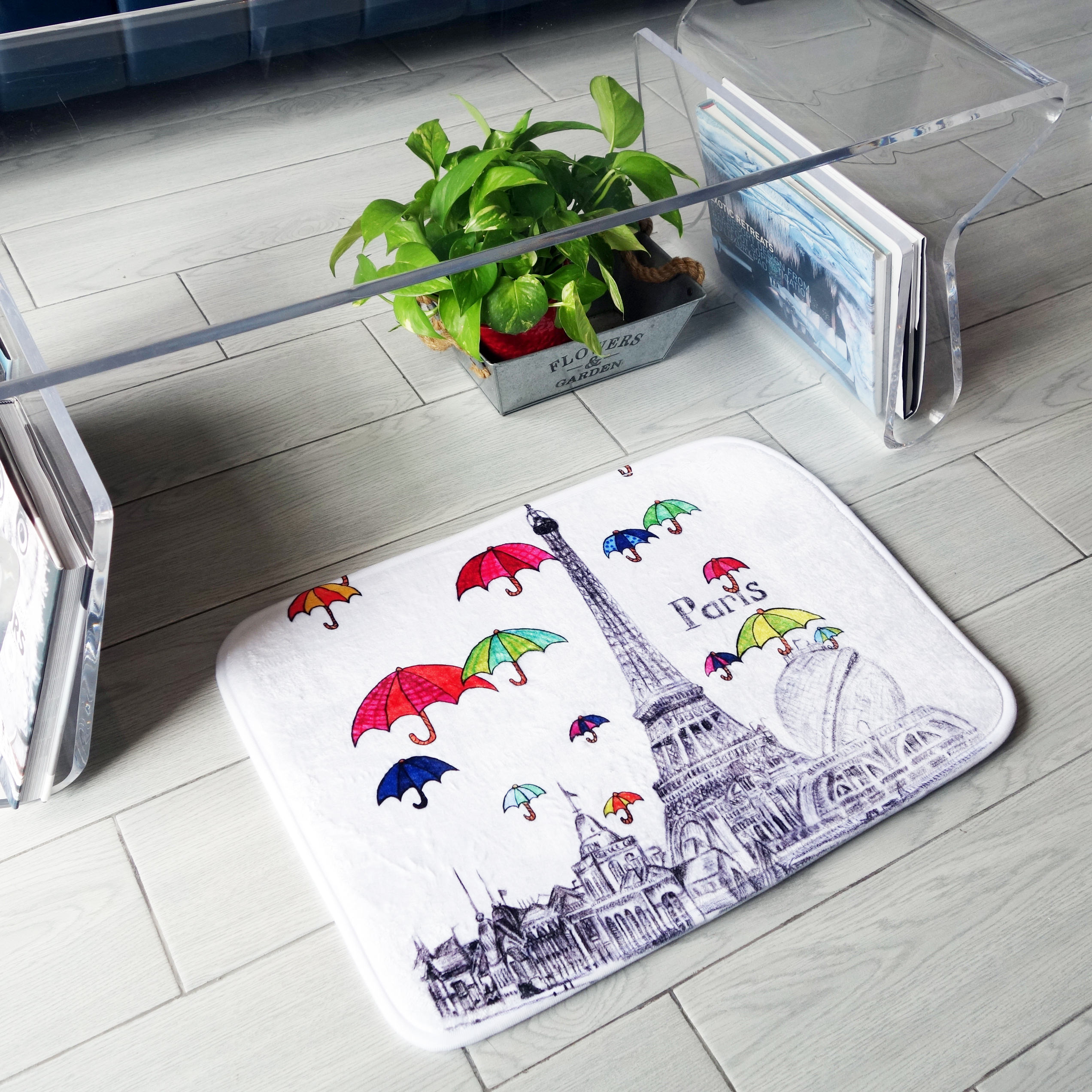 Personalized Travel With Umbrella Illustrated Bath Mat Fuzzy, Foamy and ...
