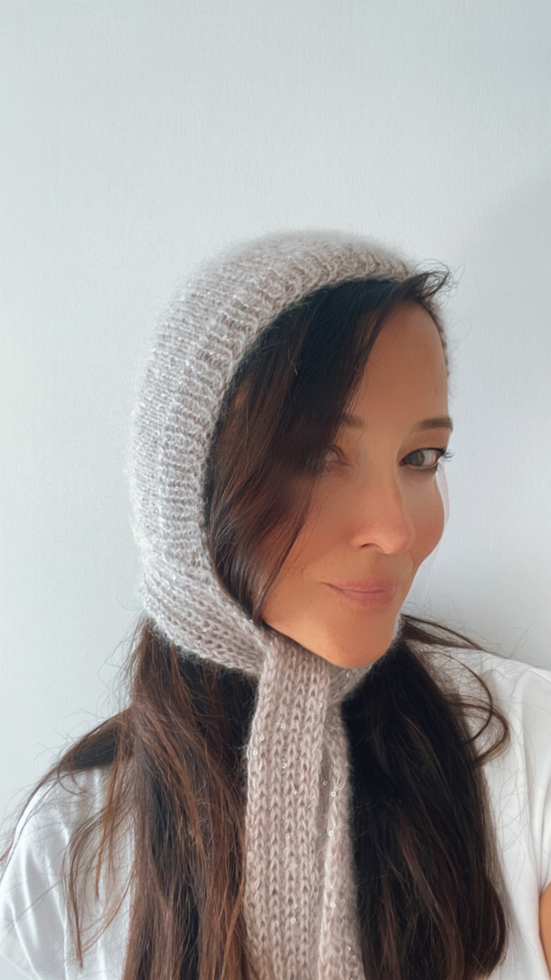 Knit Tie Bonnet Sequin Bonnet With Ties Mohair Wool Adult Hat Fancy ...