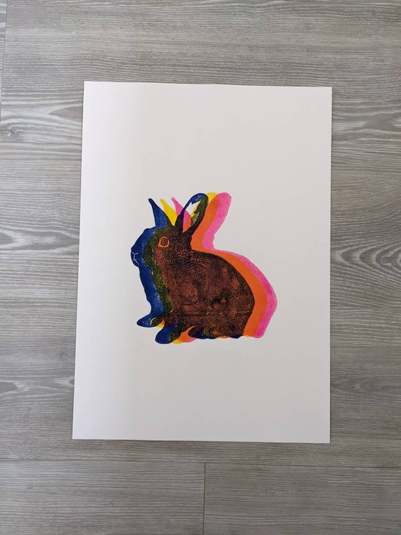 Rabbit on the Turn A3 3 Layer Lino Print | Etsy