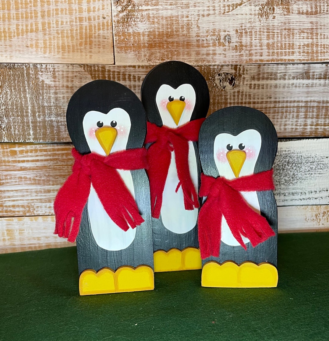 Three Little Penguins. Set of Three Penguins All Ready for the Cold ...
