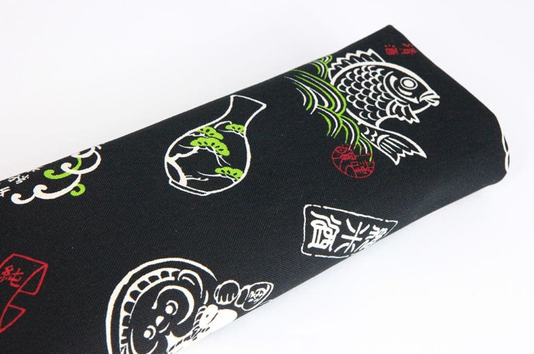 Japanese Fabric Sake Theme Black Background 50cm, Japanese Fabrics ...