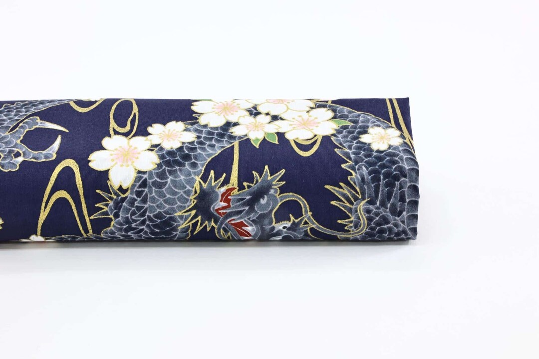 Japanese Fabric Golden Dragon and Sakura Blue Background - 50cm, Japan ...