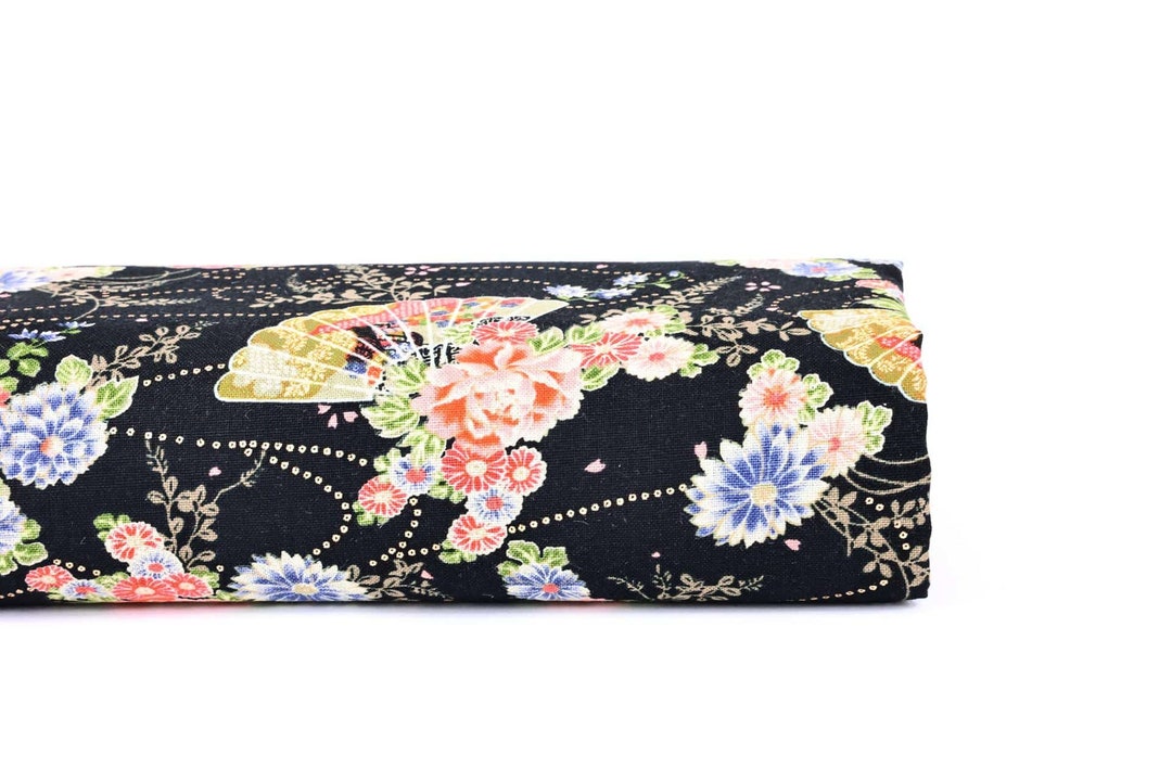 Japanese Fabric Fan Kiku Botan Black Background -50cm- Japan Fabrics ...