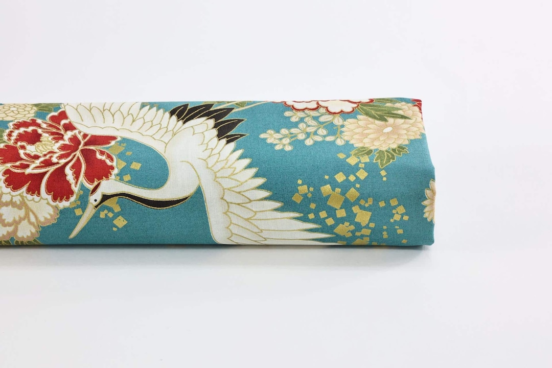 Japan Fabric Elegant Cranes Colorful Peonies Green Background 50cm ...