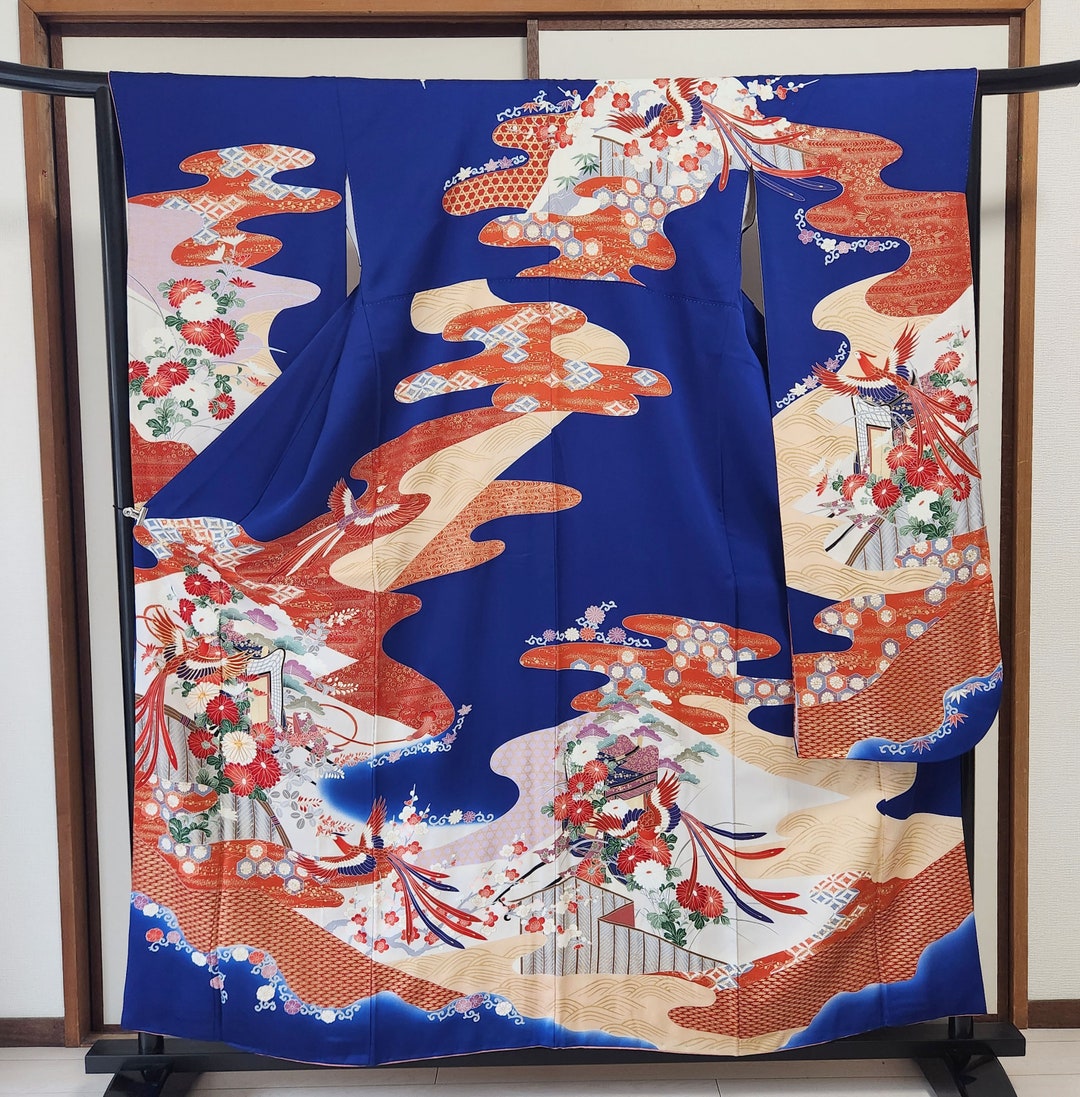 Royal Blue Furisode Kimono With Majestic Phoenix, Japanese Kimono, Blue ...