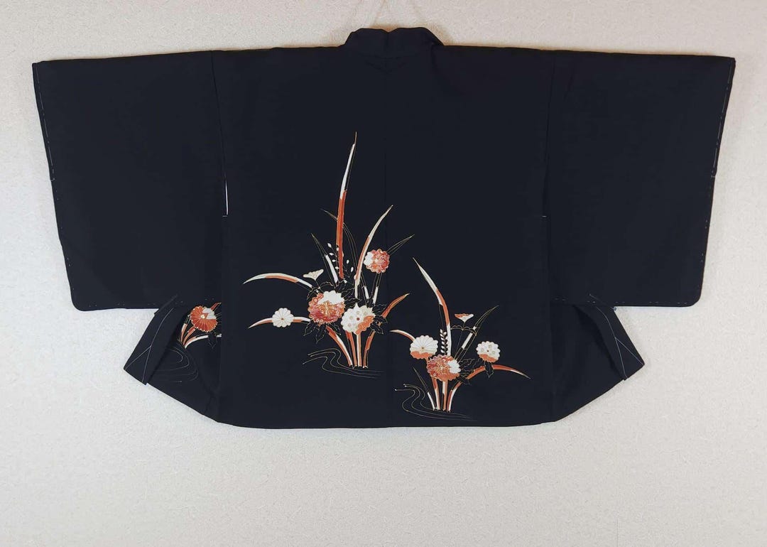 Black Japanese Haori With Gold Yuzen Flowers, Vintage Haori ...