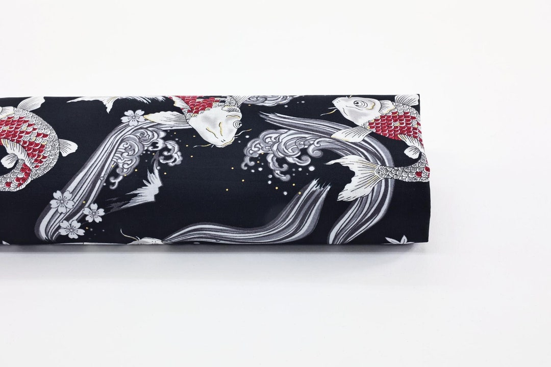 Fabric Koi Carp Mount Fuji With Wave Black Background 50cm Japanese ...