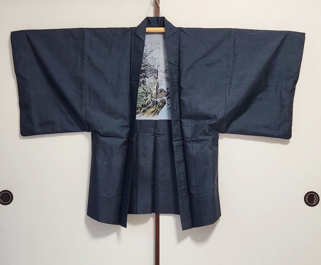 Men's Navy Blue Haori With Japanese Landscape, Haori for Men, Japanese ...
