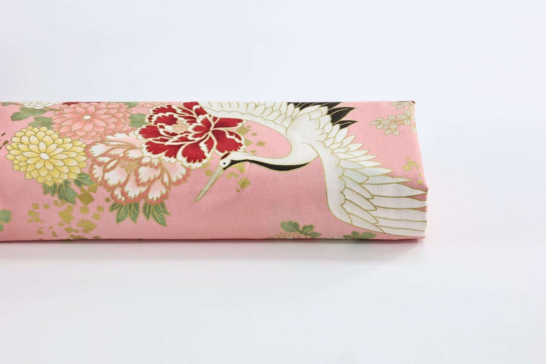 Japan Fabric Elegant Cranes Colorful Peonies Pink Background 50cm ...