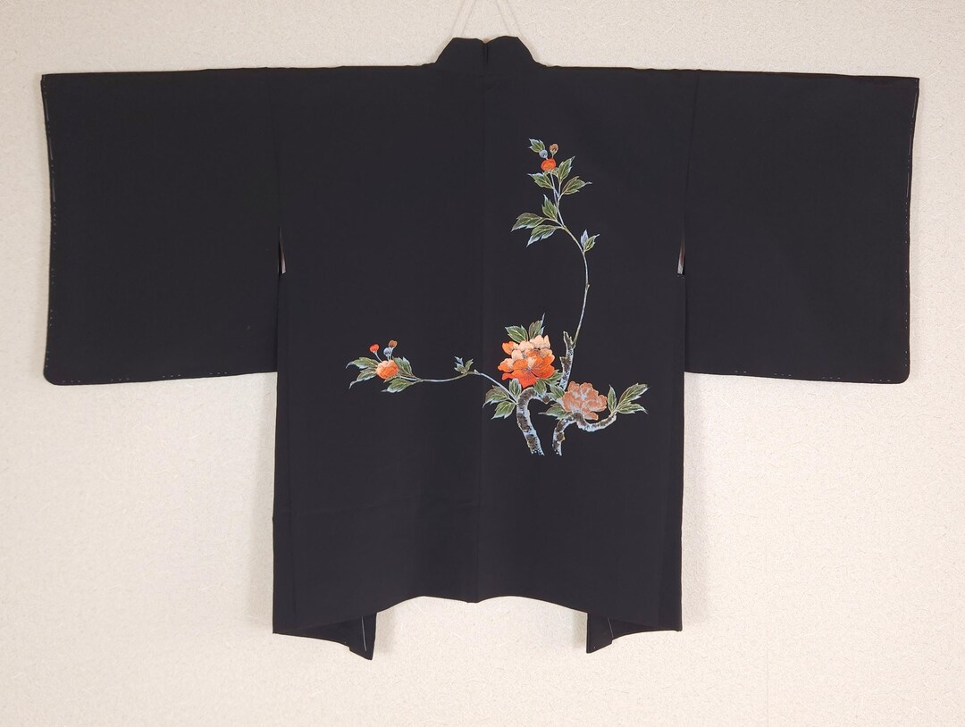 Elegant Black Silk Haori With Peonies, Vintage Haori, Haori ...