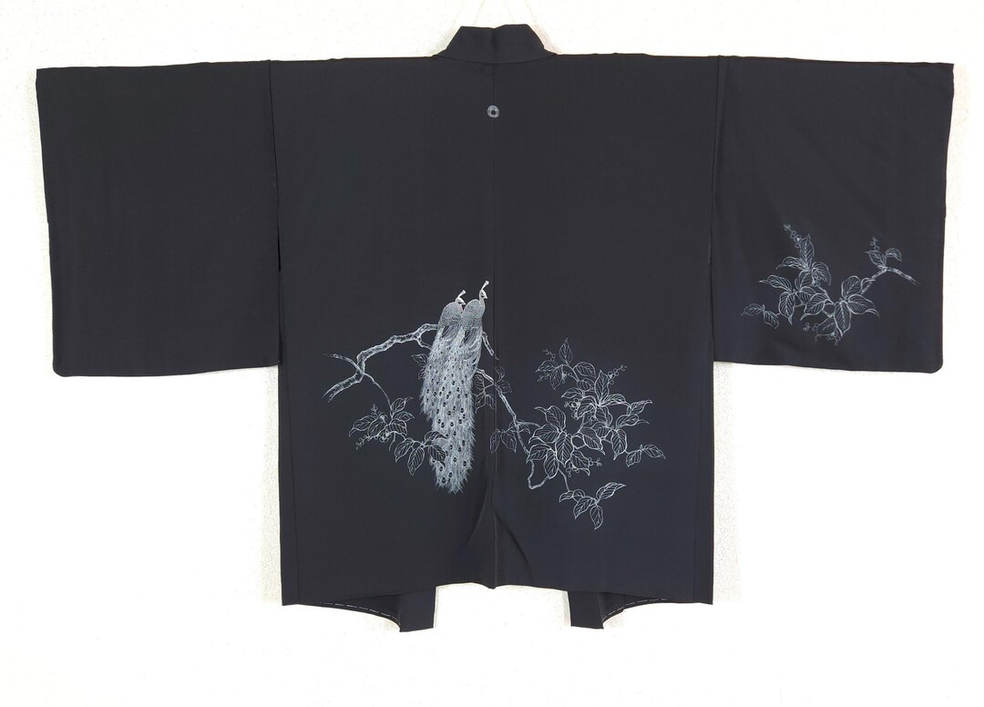 Black Haori With Elegant Peacocks, Vintage Haori, Haori, Traditional ...