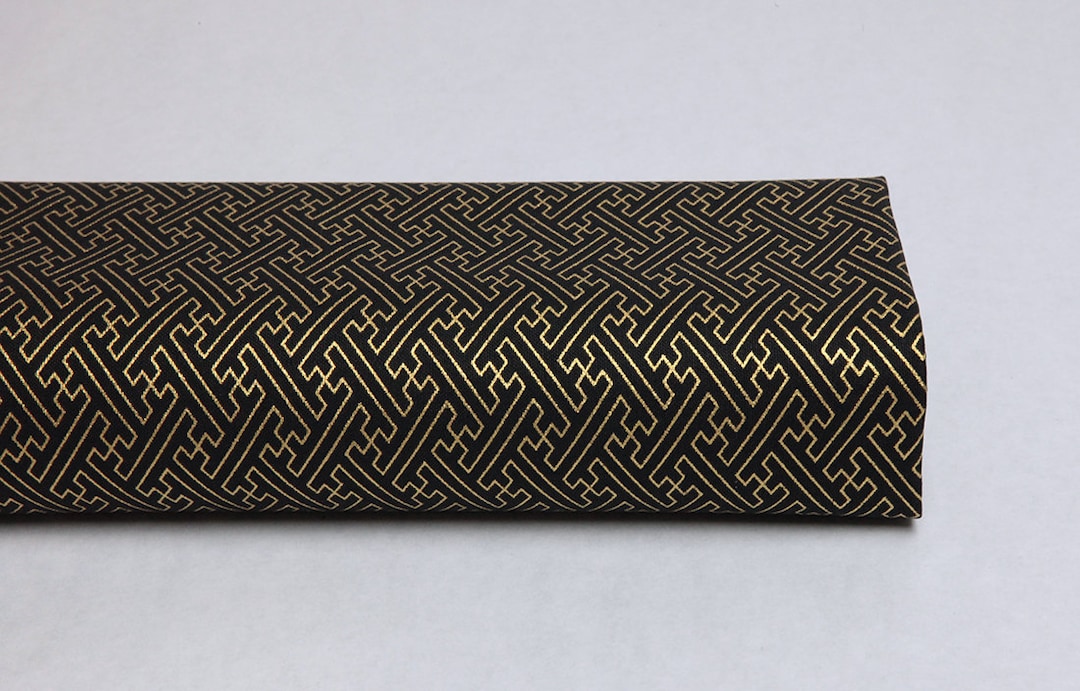 Japanese Fabric Golden Sayagata Black Background - 50cm, Japanese ...
