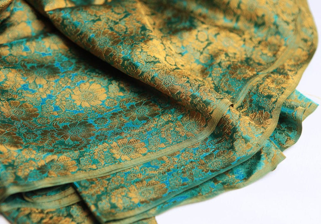Broccato di seta marrone turchese - 50 cm, broccato floreale, broccato ...