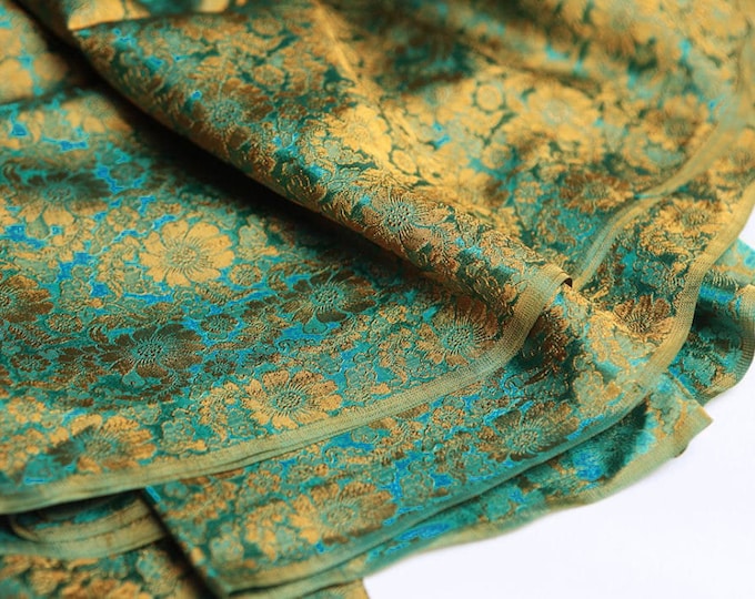 Turquoise Brown Silk Brocade - 50cm, Floral Brocade, Turquoise Brocade ...