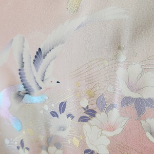 Powder Pink Houmongi Kimono With Cranes, Pink Blue Kimono, Silk Kimono ...