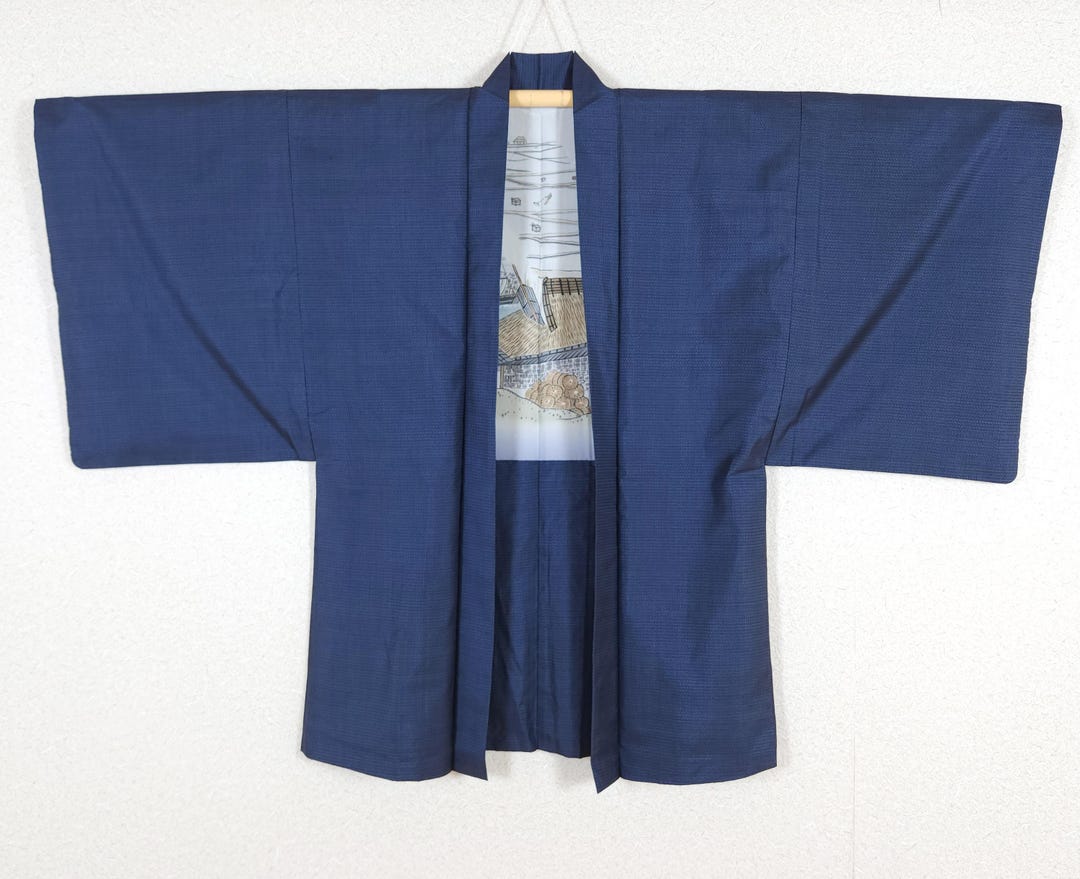 Elegant Navy Blue Haori With Coastal Village Scene , Vintage Haori ...