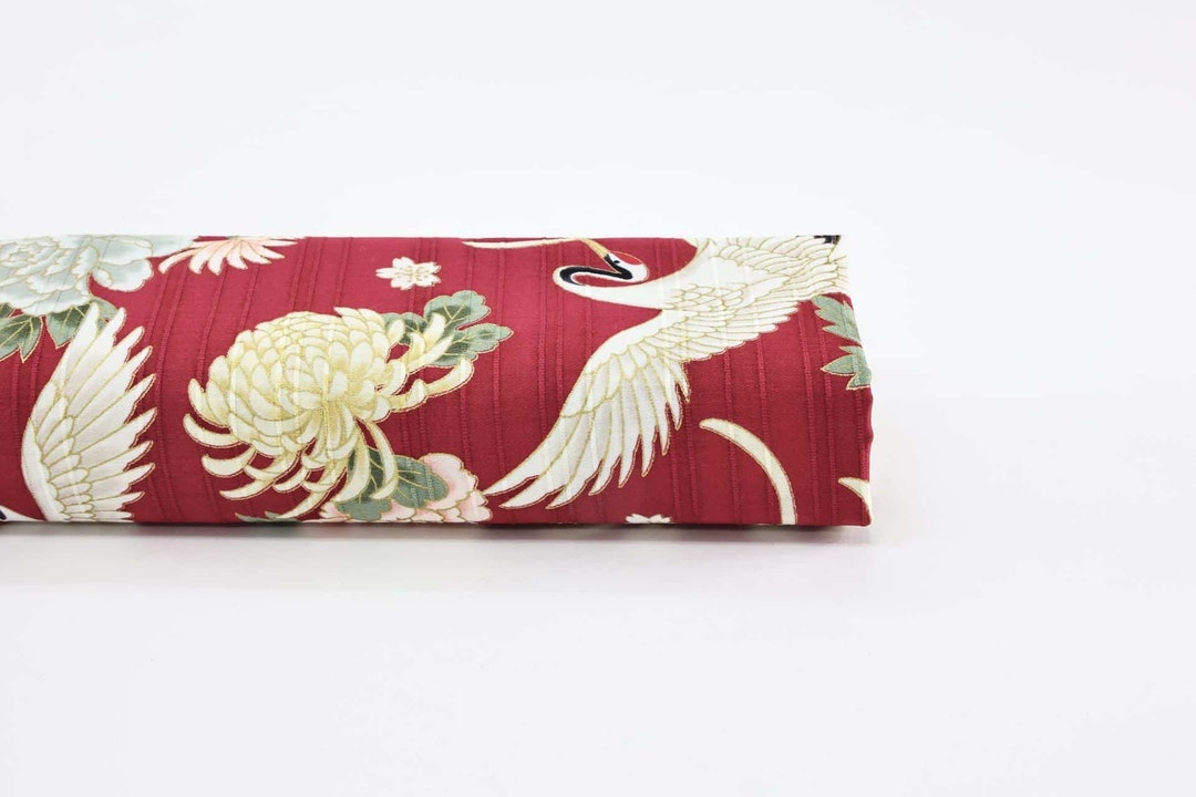 Japanese Tsuru Fabric Floral Pattern Red Background -50cm- Japanese ...