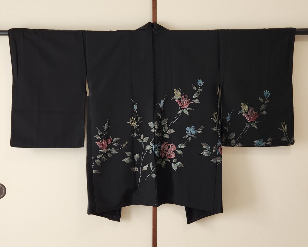 Black Jacquard Haori With Rose Pattern, Traditional Haori, Kimono ...