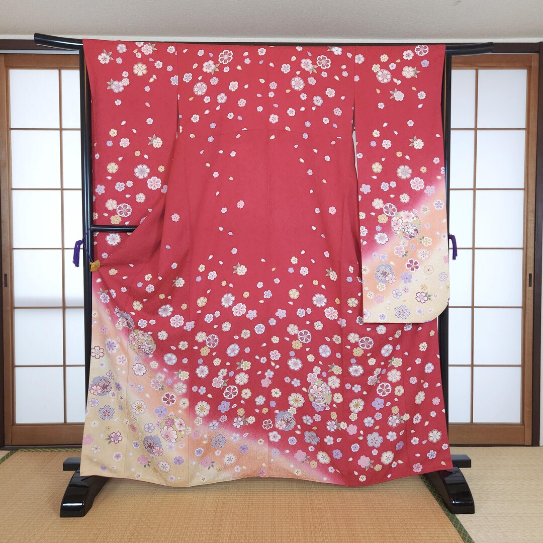 Red Furisode With Sakura and Temari, Red Furisode, Hand Painted Kimono ...