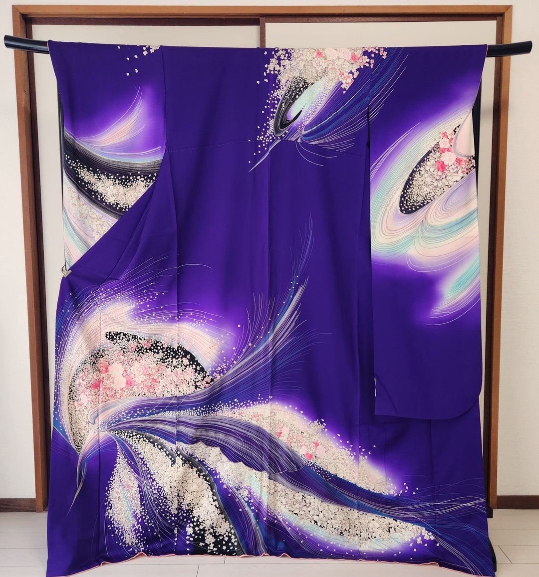 Neo Kimono Ō-furisode in Violet With Silver Roses, ō-furisode, Purple ...