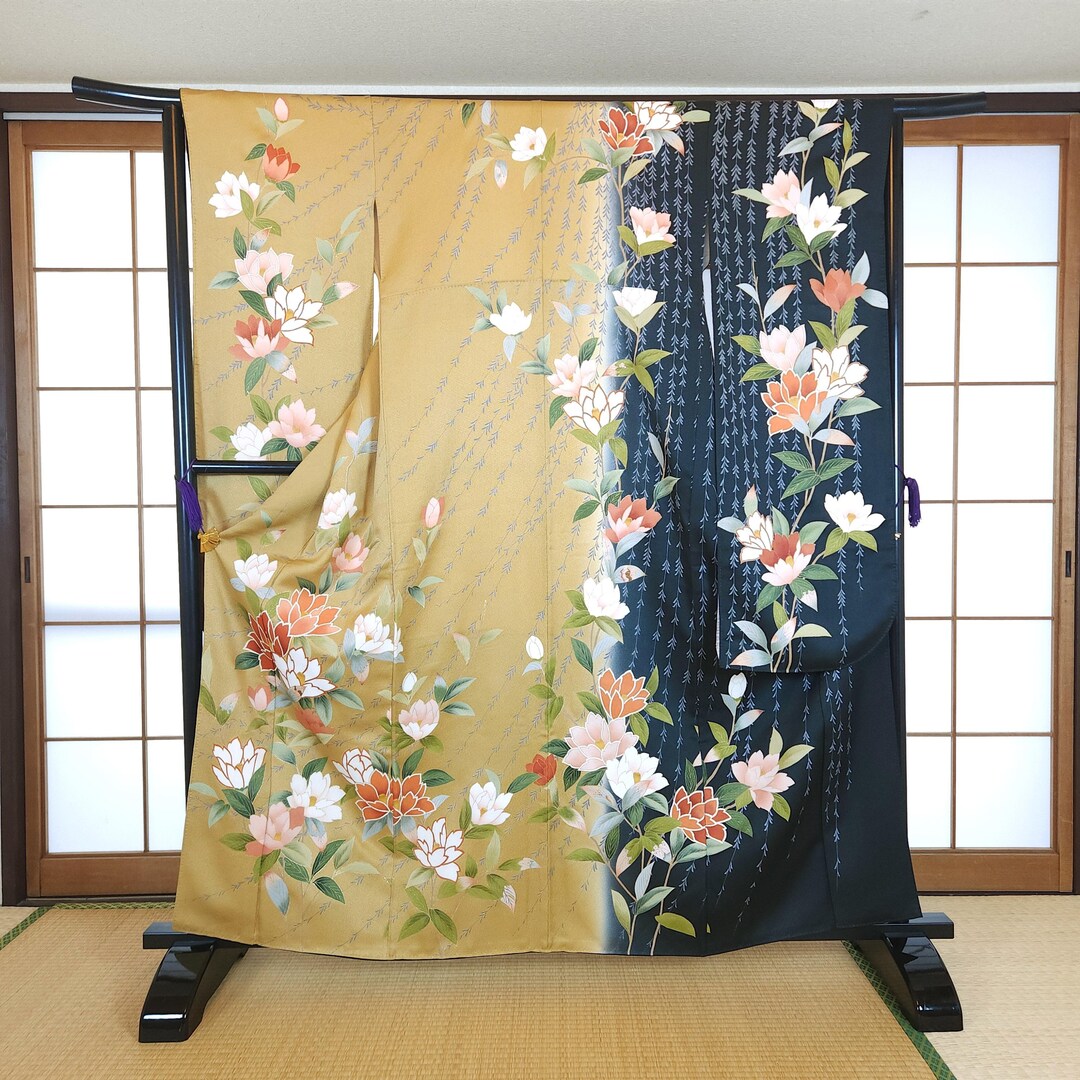 Ō-furisode in Mustard Yellow and Black Silk, Yellow Furisode, Magnolia ...