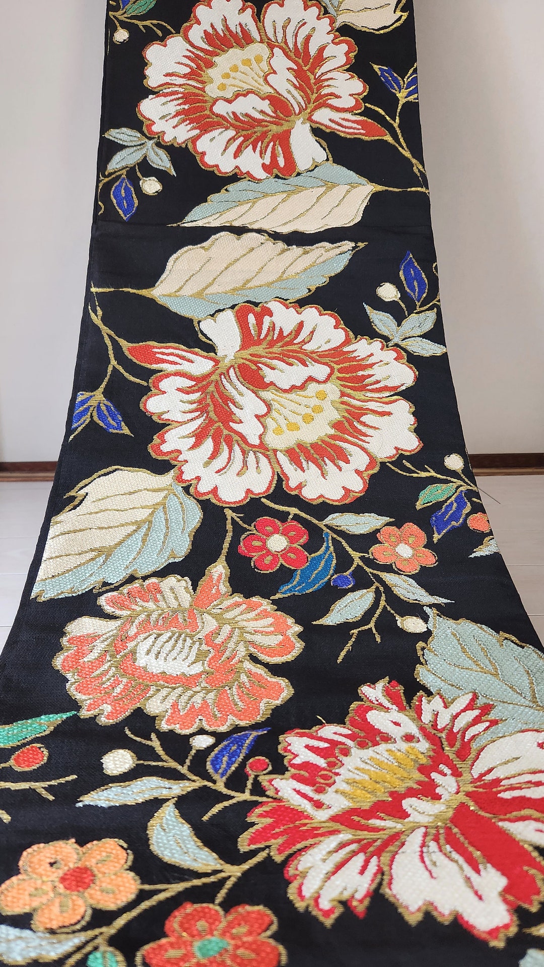 Fukuro Obi Belt Retro Peony, Kimono Belt, Fukuro Obi, Japanese Belt ...