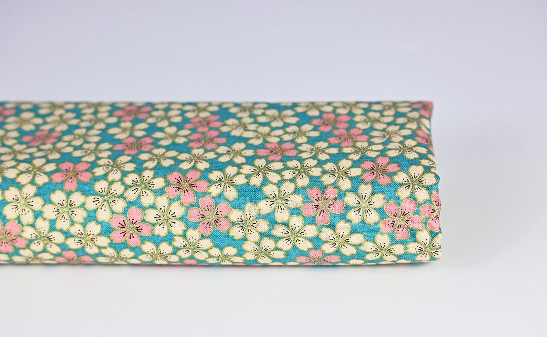Japanese Fabric Small Sakura Blue Background 50cm, Japanese Fabrics ...