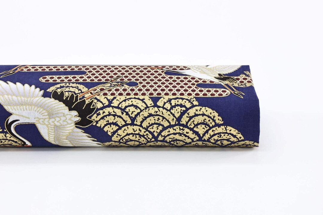 Japanese Crane Fabric With Golden Seigaiha on Blue Background -50cm ...