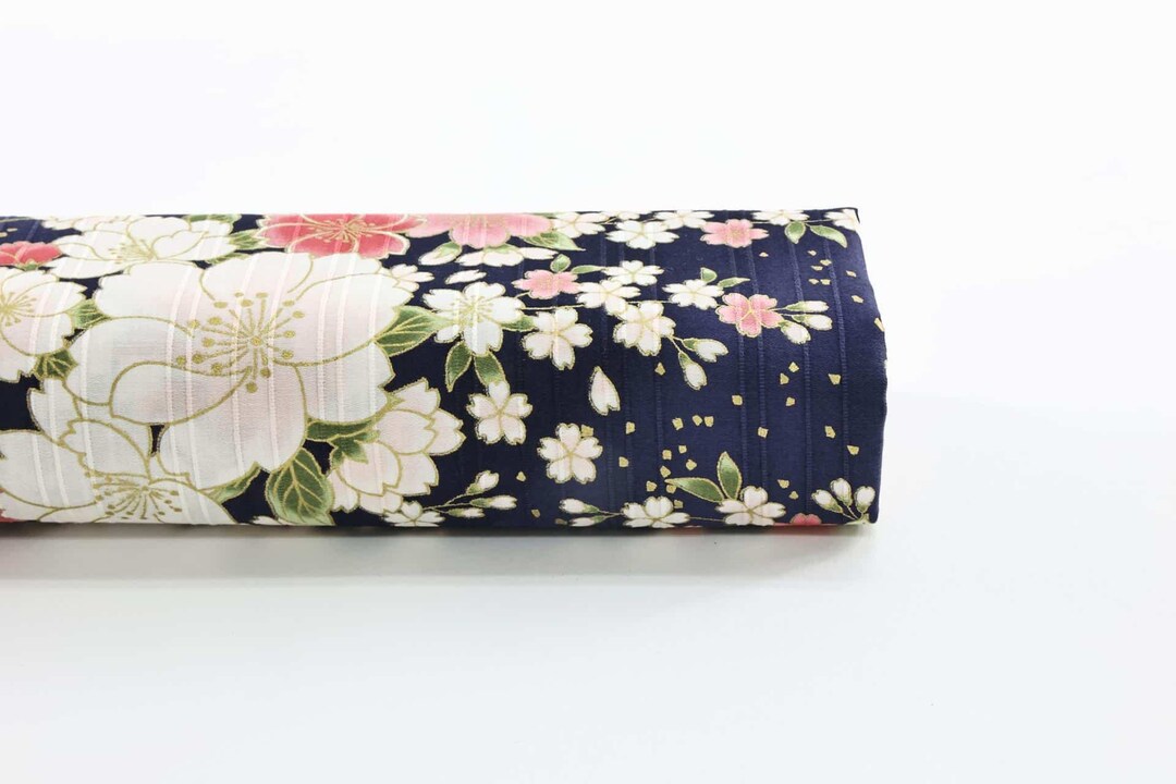 Japanese Fabric Golden Cherry Blossoms on Blue Background-50cm ...