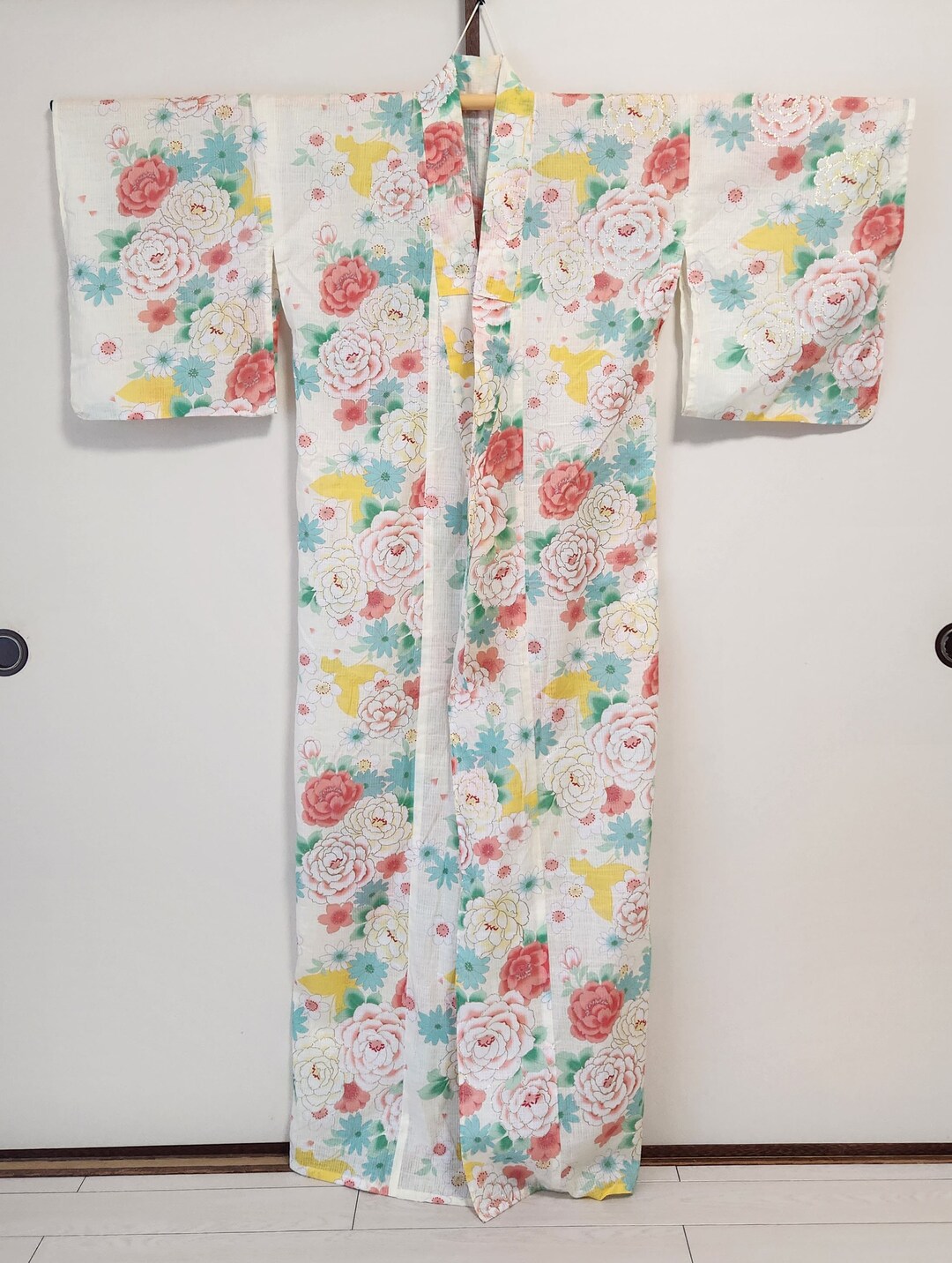 Gold Peony Yukata on Ivory Background, Cotton Yukata, Summer Kimono ...