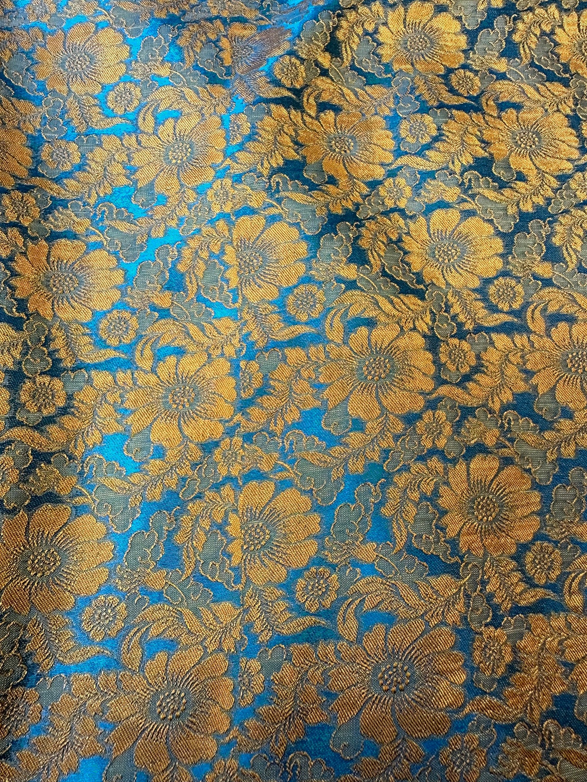 Turquoise Brown Silk Brocade - 50cm, Floral Brocade, Turquoise Brocade ...
