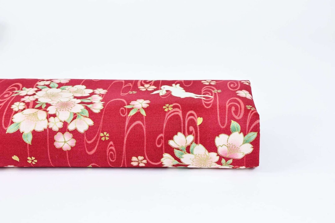 Usagi and Sakura Fabric Red Background 50cm,japanese Fabrics, Rabbit ...