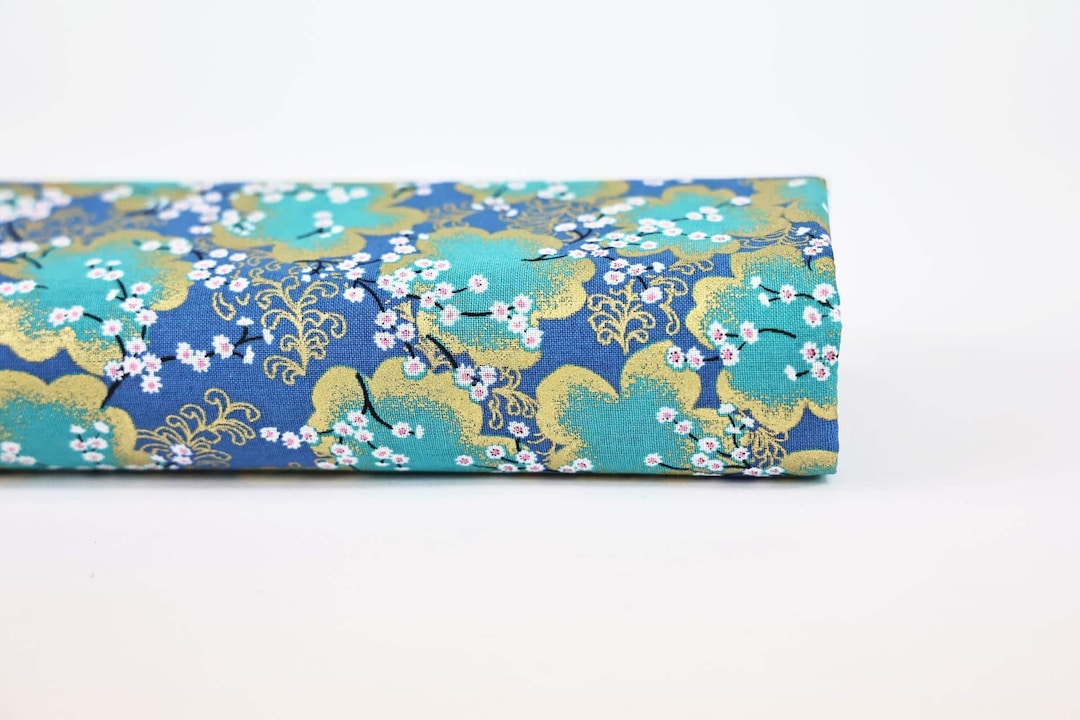 Japanese Fabric Golden Turquoise Ume Blue Background -50cm- Japan ...