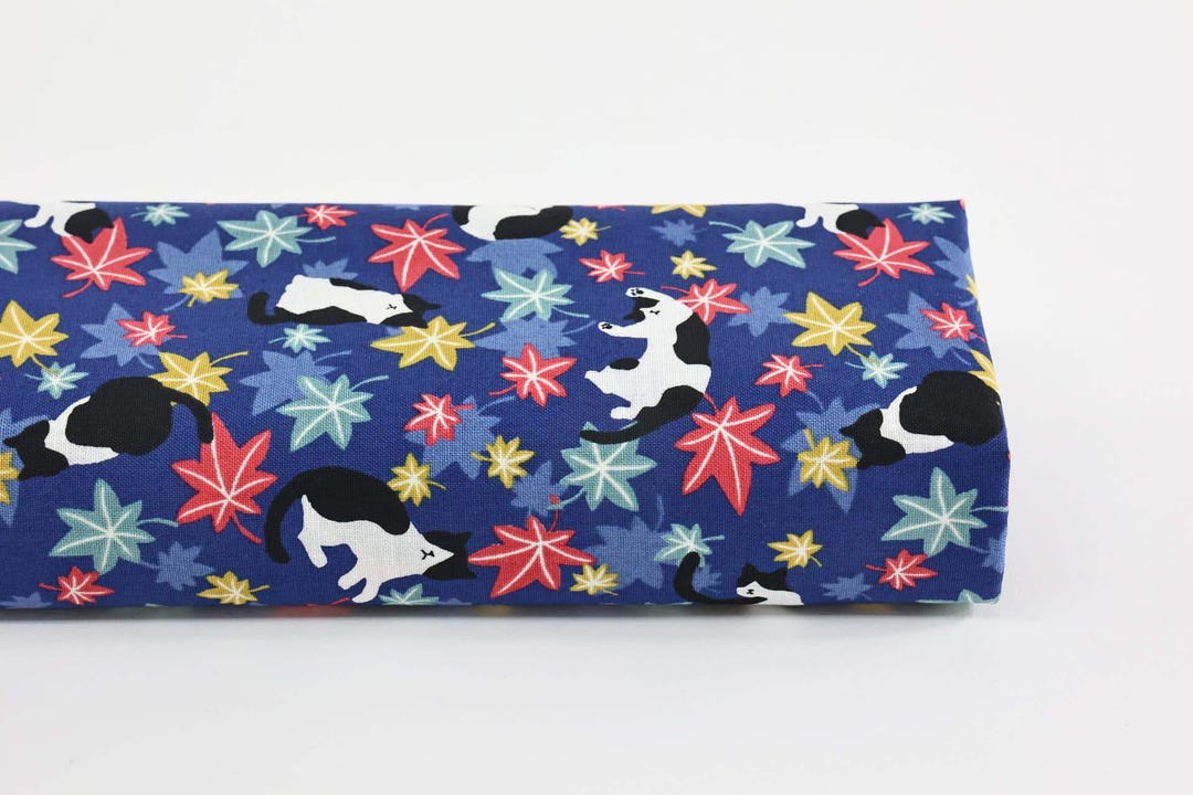 Japanese Fabric Kawaii Neko Momiji Blue Background - 50cm, Japan ...