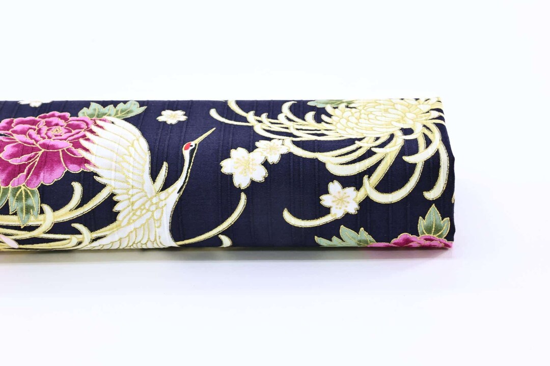 Japanese Tsuru Fabric Floral Pattern Blue Background 50cm Japanese ...
