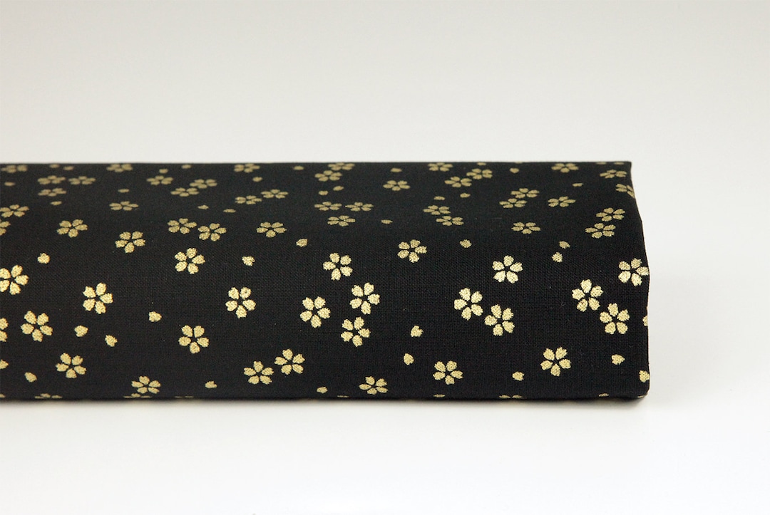 Sevenberry Sakura Fabric Gold Black Background 50cm, Sakura Fabric ...