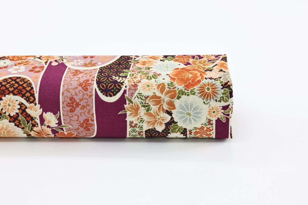 Japanese Fabric With Flower Bouquet on Water Purple Background -50cm ...