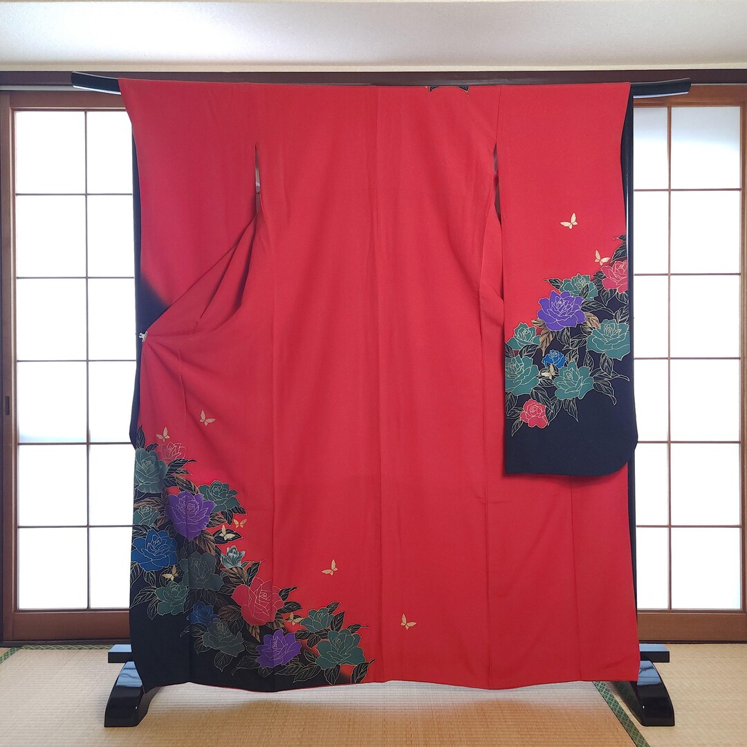 Ō Furisode in Red Crepe With Roses and Butterflies, Red Furisode ...