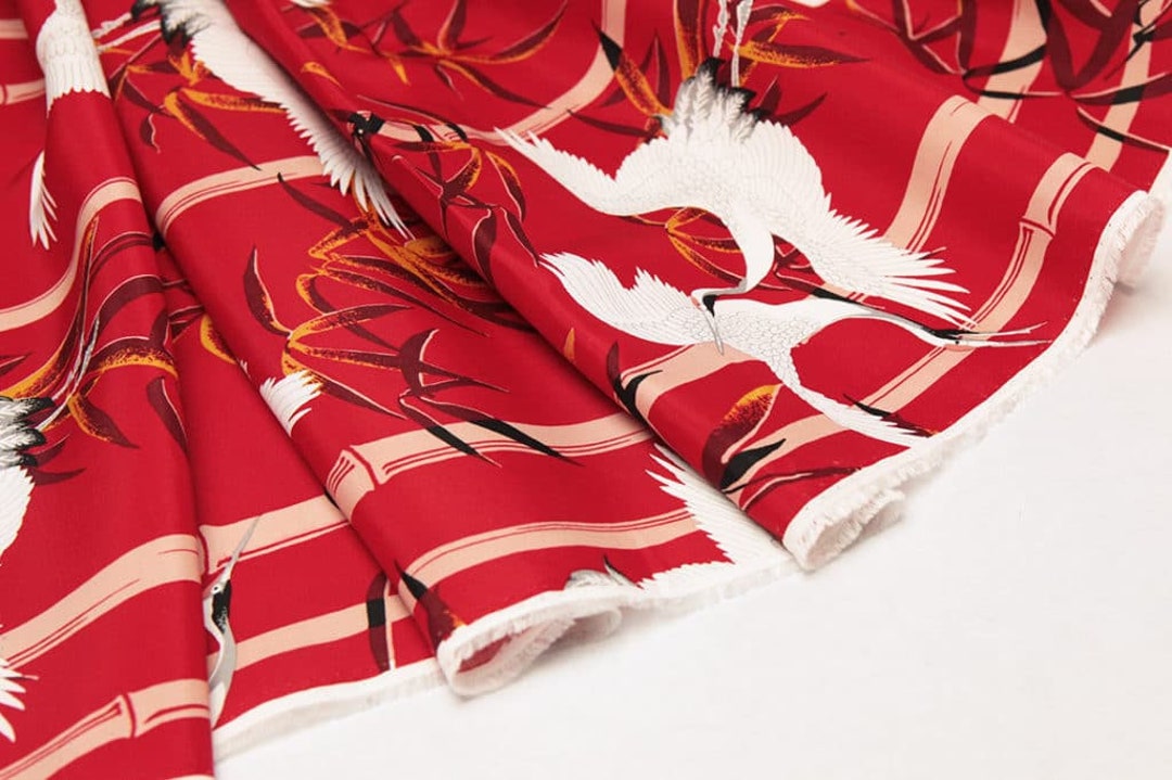 Japanese Fabric Tsuru Cranes Red Background Japanese Fabric, Japanese ...