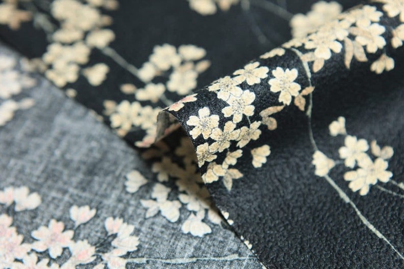 Japanese Sakura Fabric on Black Background - 50cm, Black Fabric With ...