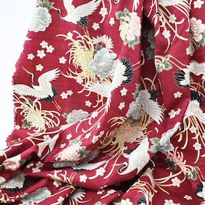 Japanese Tsuru Fabric Floral Pattern Red Background -50cm- Japanese ...