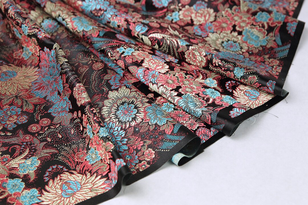 Brocade Fabric Chrysanthemum Flower Black Background - 50cm, Damask ...