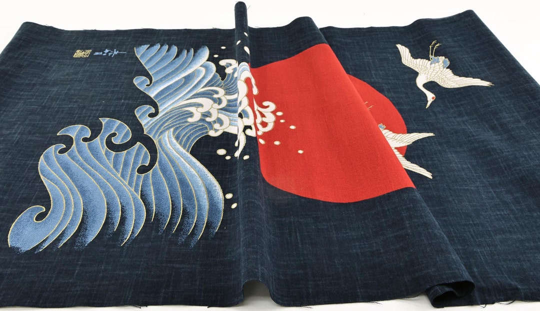 Japanese Fabric Panel With Crane Sun and Wave Hand-printed 45cm ...