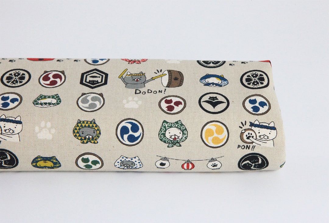 Kamon Neko Kawaii Fabric Beige Background 50cm, Japanese Fabrics, Kamon ...