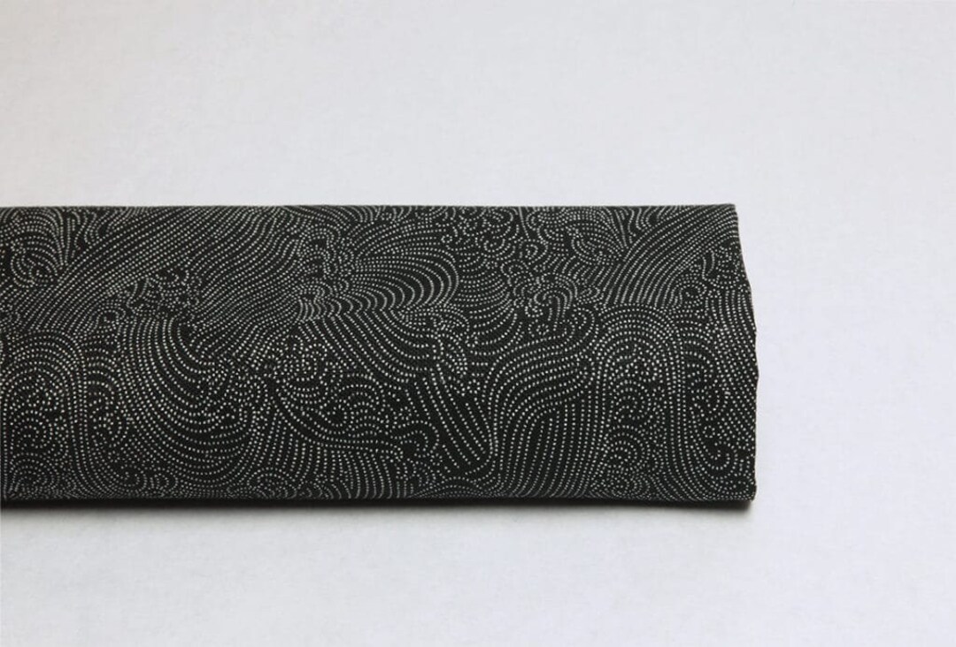 Japanese Fabric With Black Dotted Nami Pattern - 50cm, Black Japanese ...